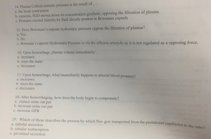 Solved 14. Plasma Colloid osmotic pressure is the result | Chegg.com