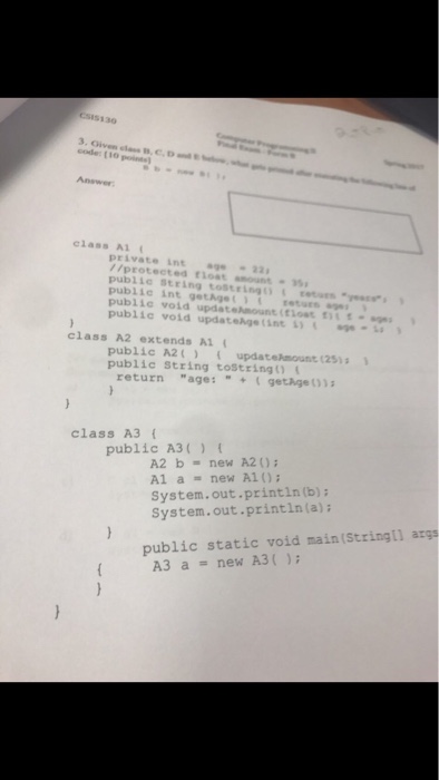 Solved csis13o code tio point Answer: class A1 private int | Chegg.com