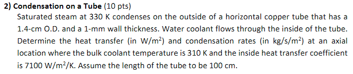 Solved 2) Condensation on a Tube (10 pts) Saturated steam at | Chegg.com