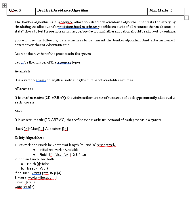Solved Q.No.5 Deadlock Avoidance Algorithm Max Marks :5 The | Chegg.com