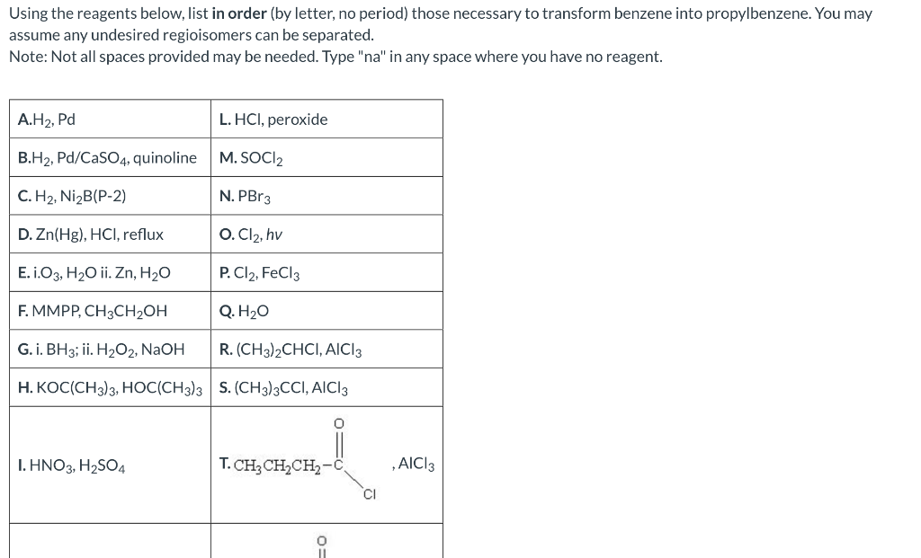 Solved Using the reagents below, list in order (by letter, | Chegg.com