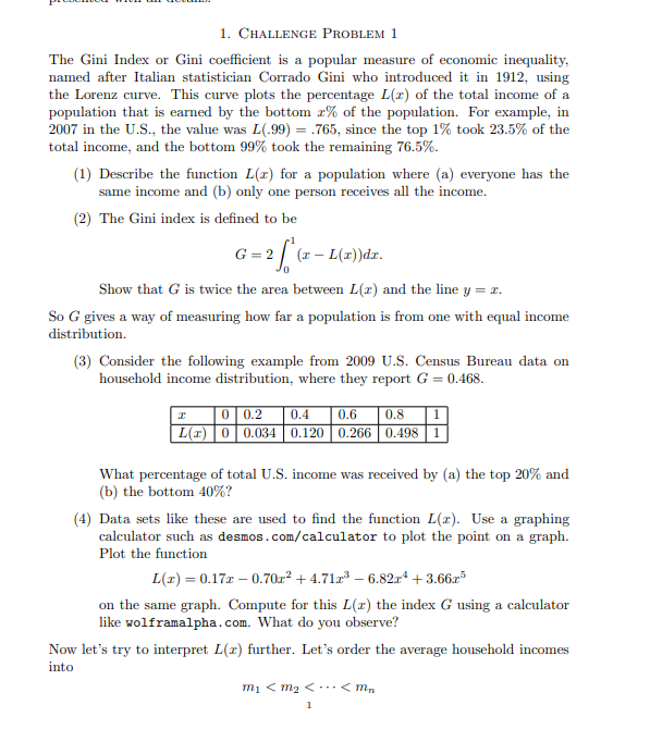 1. CHALLENGE PROBLEM 1 The Gini Index or Gini | Chegg.com