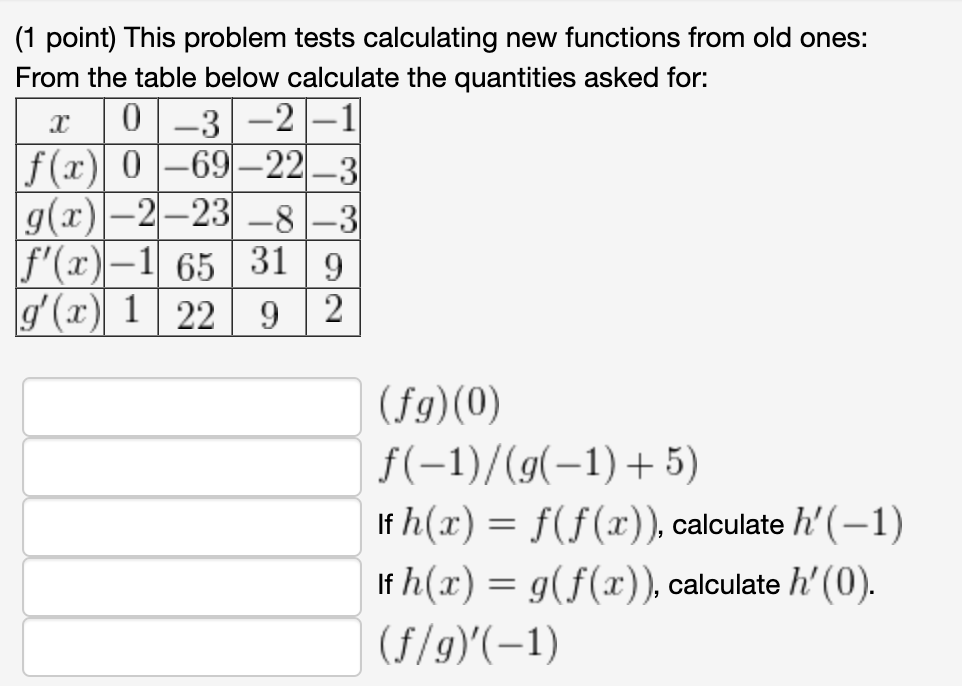 Solved ( 1 point) This problem tests calculating new | Chegg.com