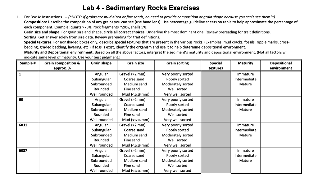 Solved 1. 1 Lab 4 - Sedimentary Rocks Exercises For Box A: | Chegg.com