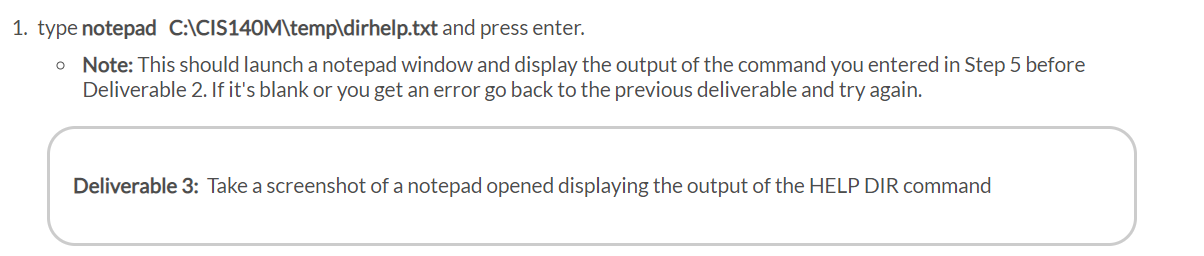 Solved 1. type notepad C:\CIS140M\temp\dirhelp.txt and press | Chegg.com