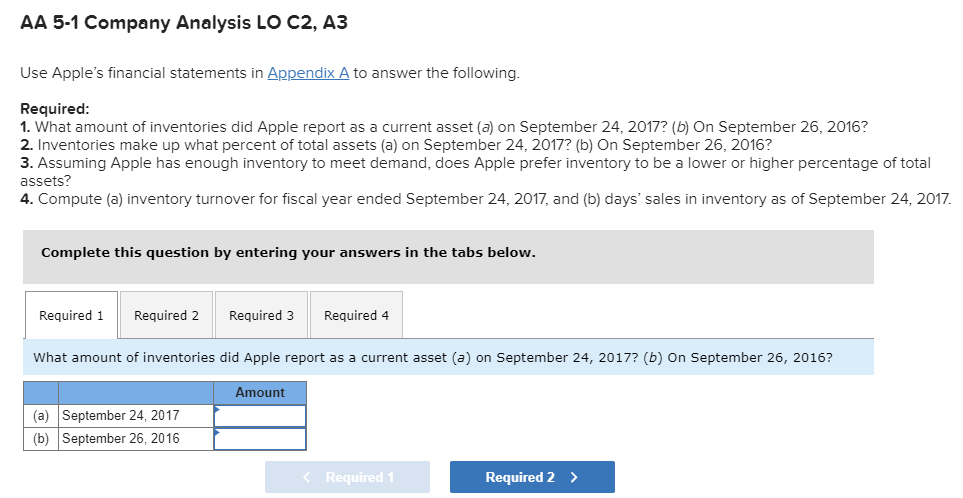 AA 5-1 Company Analysis LO C2, A3 Use Apple's | Chegg.com