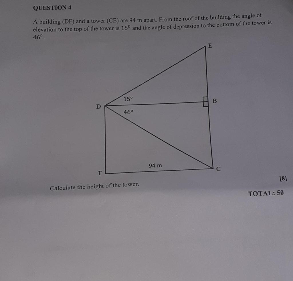 Solved QUESTION 4 A building (DF) and a tower (CE) are 94 m | Chegg.com
