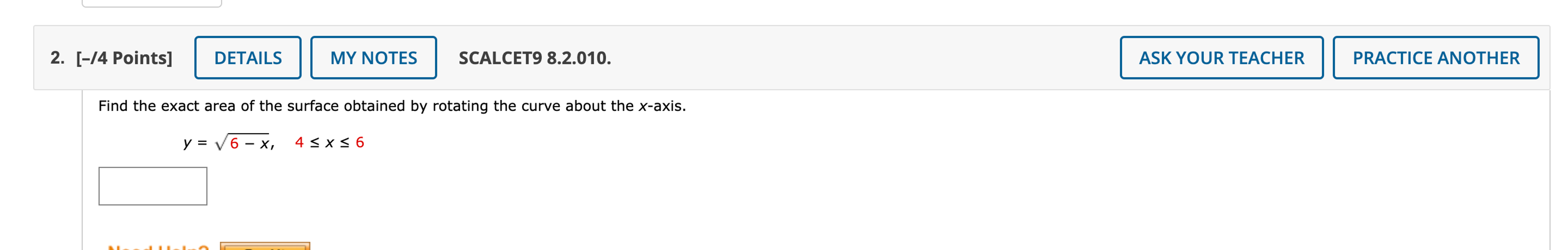 Solved [-/4 ﻿Points]SCALCET9 8.2.010.Find the exact area of | Chegg.com