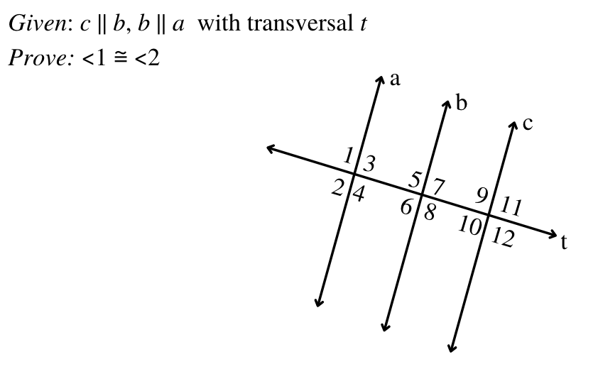 Solved Given: c∥b,b∥a with transversal t Prove: