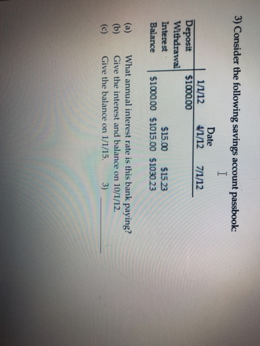 Solved 3) Consider the following savings account passbook | Chegg.com