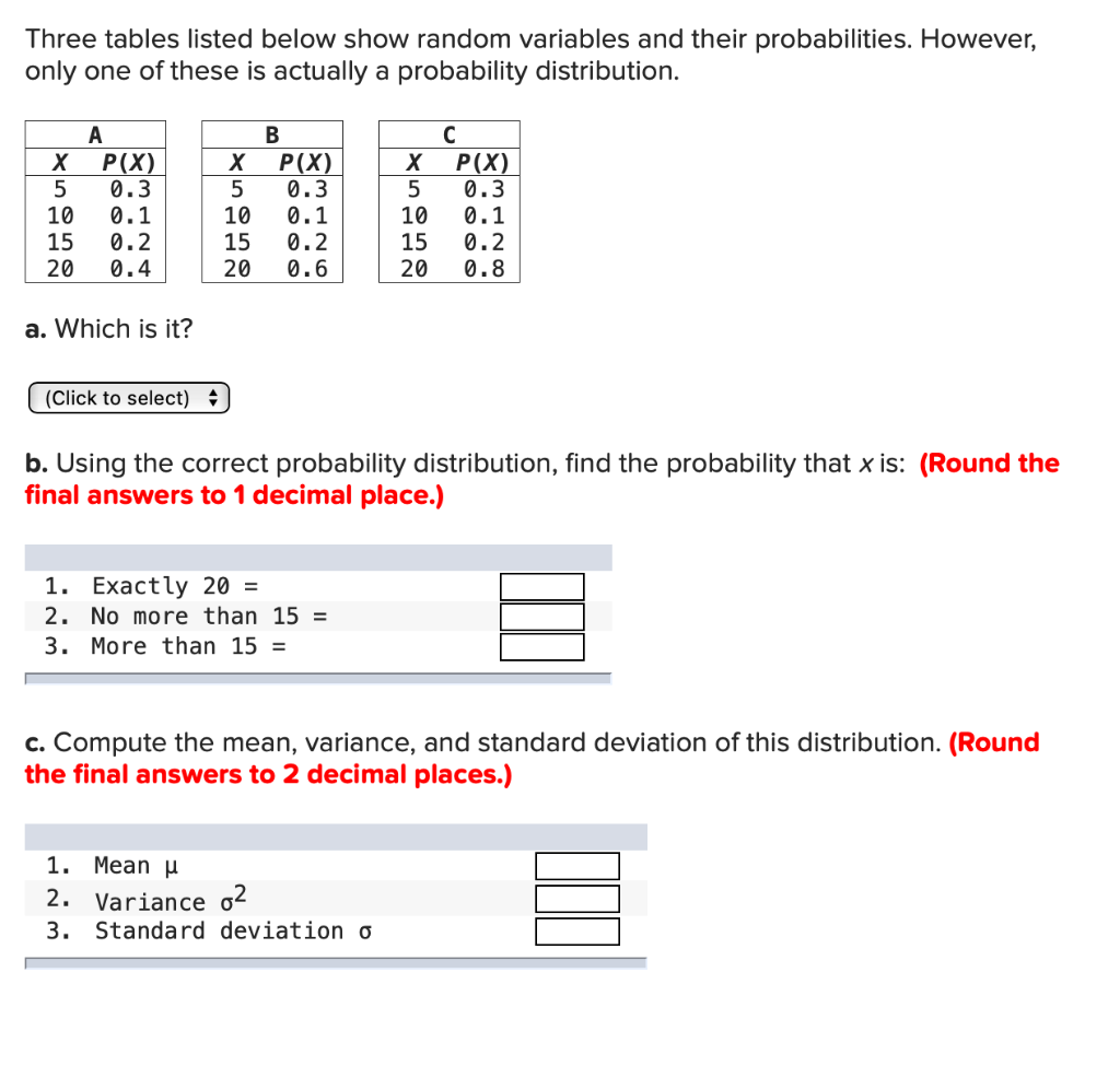 Solved Three tables listed below show random variables and | Chegg.com