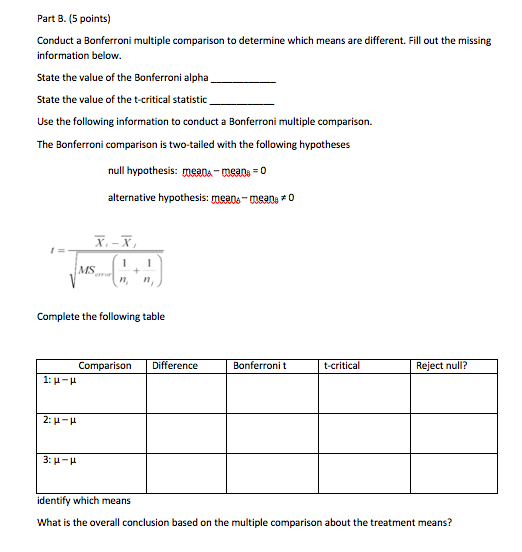 Part B. (5 points) Conduct a Bonferroni multiple | Chegg.com