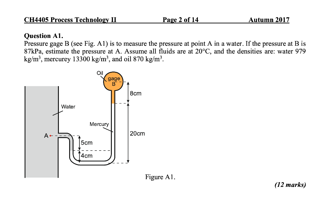Solved Question A1. Pressure gage B (see Fig. A1) is to | Chegg.com