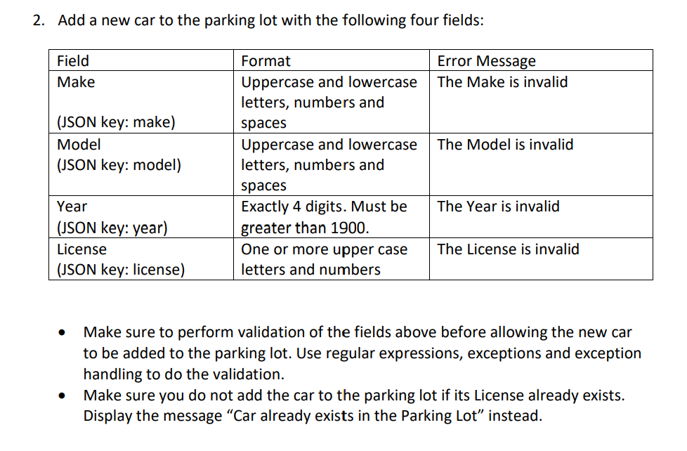 Solved 2. Add a new car to the parking lot with the | Chegg.com