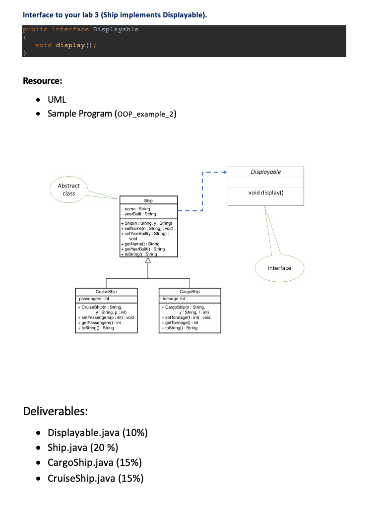 Solved Ship, CruiseShip, CargoShip Classes, and Displayable | Chegg.com