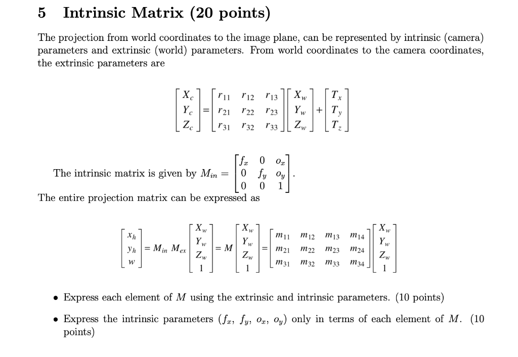 5 Intrinsic Matrix (20 points) The projection from | Chegg.com