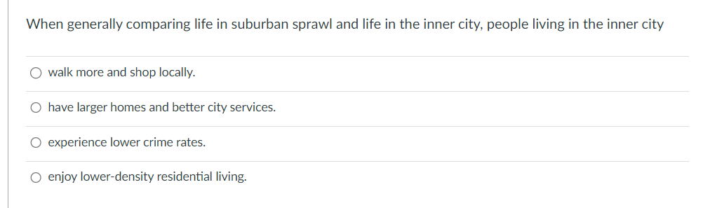 Solved When generally comparing life in suburban sprawl and | Chegg.com