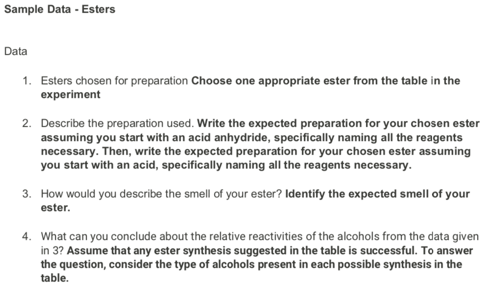 Report Submission - Esters (53pts) Data and | Chegg.com
