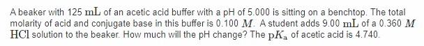 Solved A beaker with 125 mL of an acetic acid buffer with a | Chegg.com