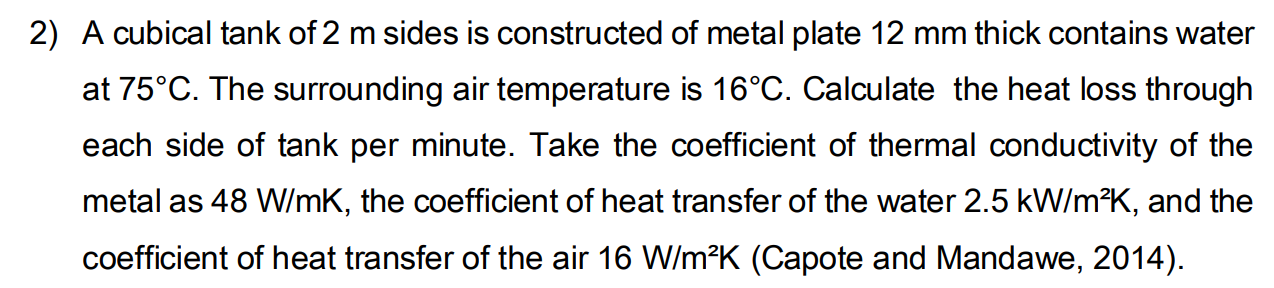 Solved 2) A cubical tank of 2 m sides is constructed of | Chegg.com