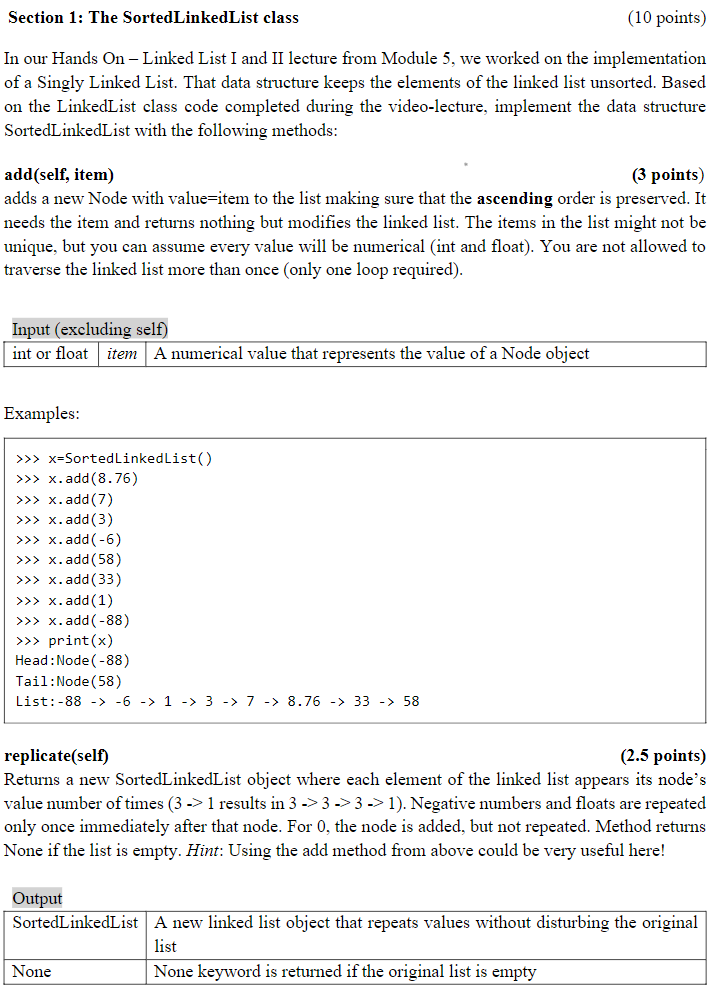 Solved Section 1: The SortedLinkedList class (10 points) In | Chegg.com