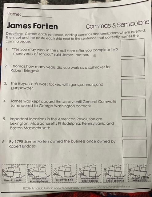 Solved Name: Commas & Semicolons James Forten Directions | Chegg.com