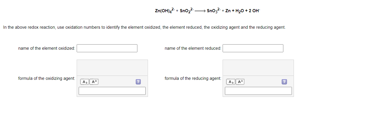 Solved Zn(OH)42- + Sno_2 Sno32- + Zn + H20 + 2 OH- In the | Chegg.com