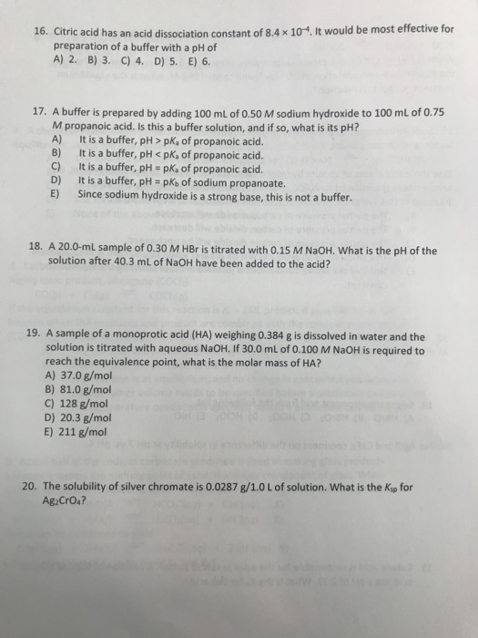 Solved 16. Citric acid has an acid dissociation constant of | Chegg.com