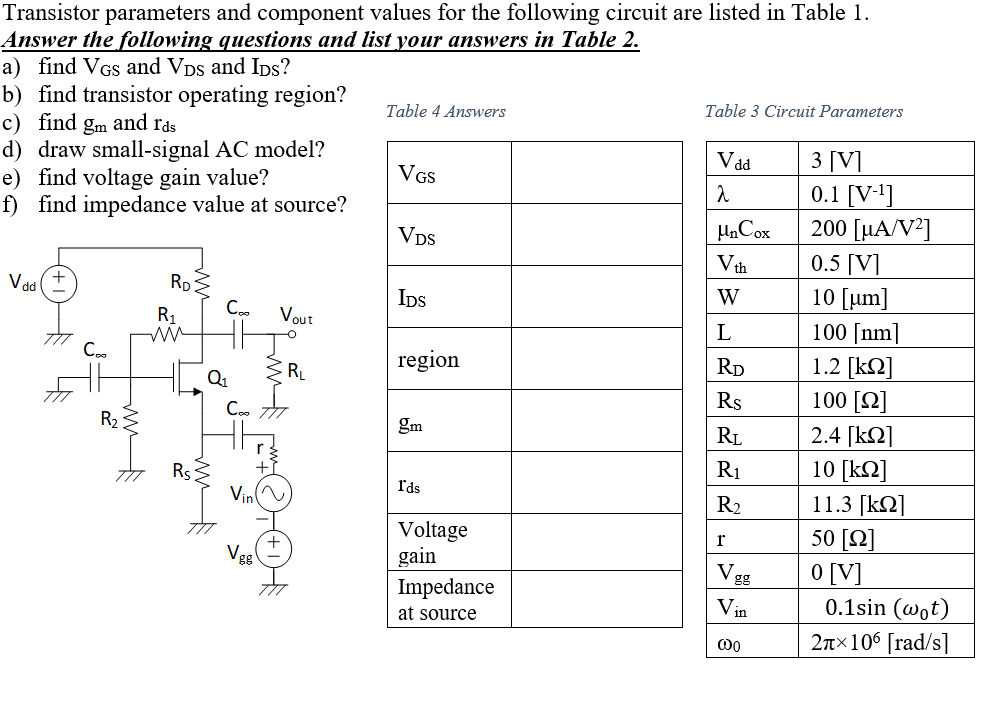 Solved VGS VDS Vth Transistor parameters and component | Chegg.com