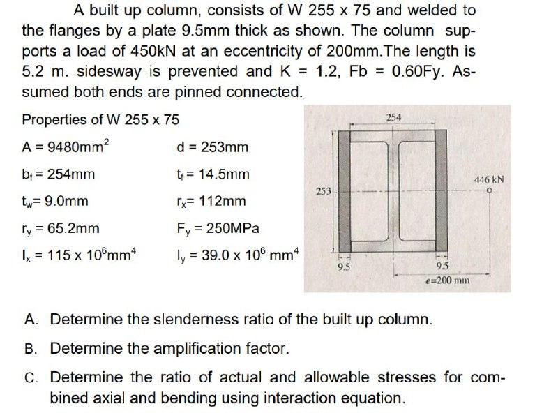 Solved A built up column, consists of W 255 x 75 and welded | Chegg.com