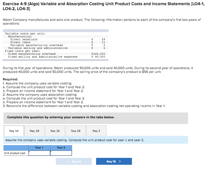 Solved Exercise 4-9 (Algo) Variable and Absorption Costing | Chegg.com
