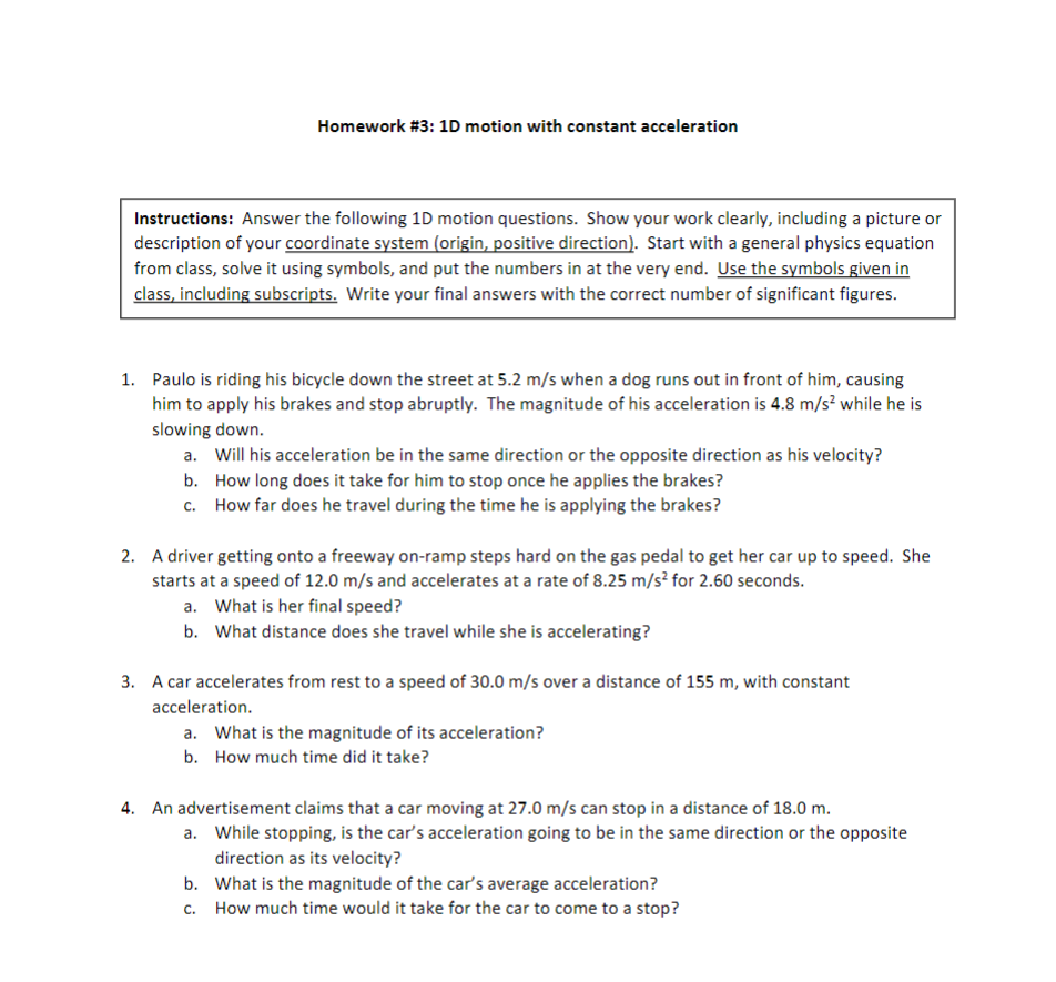 Solved Homework \#3: 1D motion with constant acceleration | Chegg.com