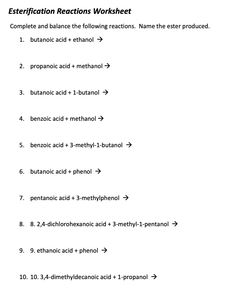 Solved Esterification Reactions Worksheet Complete and | Chegg.com
