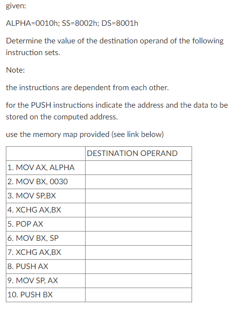 Solved 5. POP AX 6. MOV BX, SP 7. XCHG AX,BX 8. PUSH AX 9. | Chegg.com