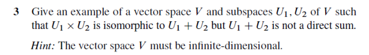 Solved 3 Give an example of a vector space V and subspaces | Chegg.com