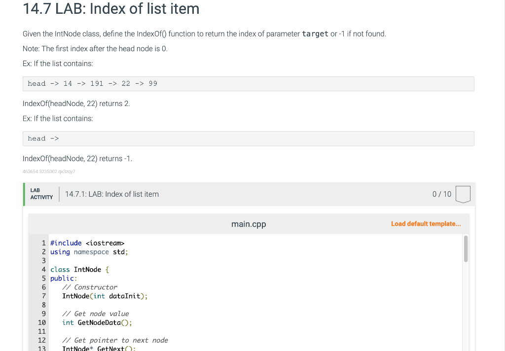 Solved 14 7 LAB Index Of List Item Given The IntNode Class Chegg
