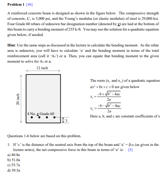Solved Problem 1 {16} A reinforced concrete beam is designed | Chegg.com