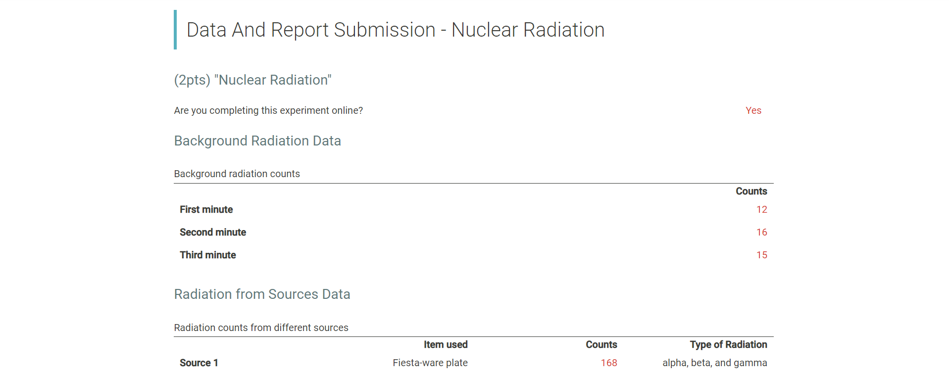 Solved Data And Report Submission - Nuclear Radiation (2pts) | Chegg.com