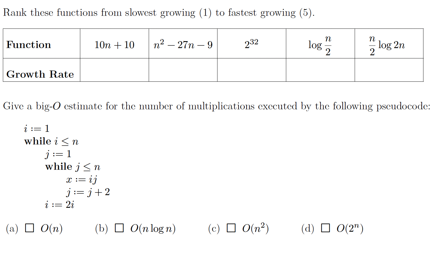 Solved Rank these functions from slowest growing (1) to | Chegg.com