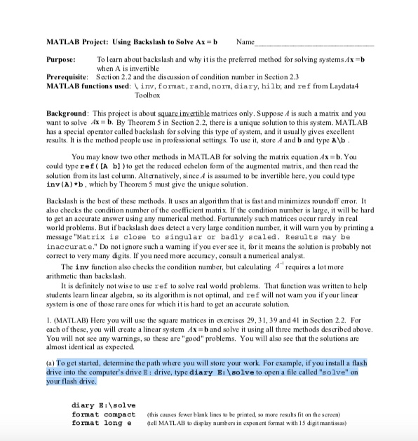 MATLAB Project: Using Backslash to Solve Ax=b Name | Chegg.com