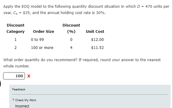 Solved Apply the EOQ model to the following quantity | Chegg.com