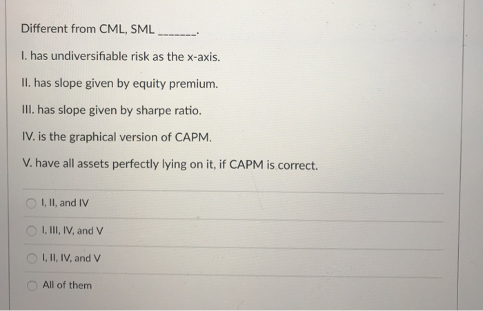 Solved Different from CML, SML I. has undiversifiable risk | Chegg.com