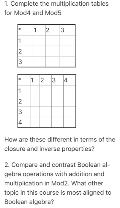 Solved 1. Complete the multiplication tables for Mod4 and | Chegg.com