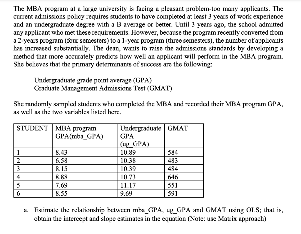 Solved The MBA program at a large university is facing a | Chegg.com