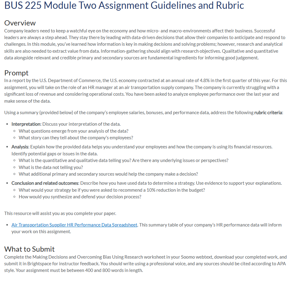 Solved BUS 225 Module Two Assignment Guidelines and Rubric | Chegg.com Solved BUS 225 Module Two Assignment Guidelines and Rubric | Chegg.com