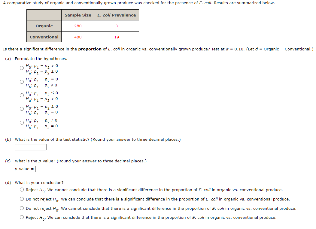 Solved A comparative study of organic and conventionally | Chegg.com