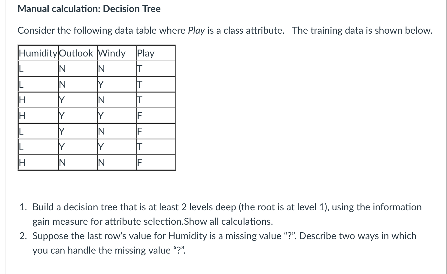 Solved Manual calculation: Decision Tree Consider the | Chegg.com