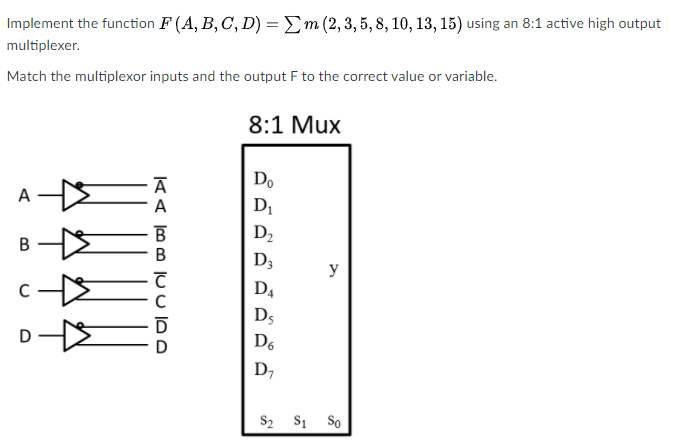 Solved Implement the function F(A, B, C, D) = m(2,3,5,8,10, | Chegg.com