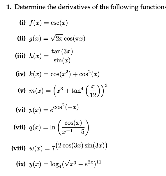 Solved 1. Determine the derivatives of the following | Chegg.com