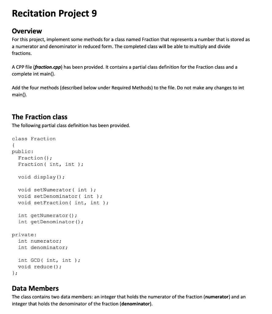 Solved Recitation Project 9 Overview For this project, | Chegg.com